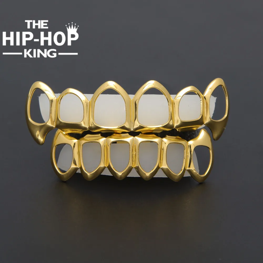 Gold Color Hip Hop Teeth Grillz Hollow Top & Bottom Fangs Bottom Grillz ...