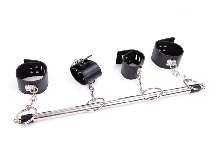 Stainless Steel Metal Spreader Bar Bondage Set Leather Hogtie Hand Ankle Cuffsfetish Bdsm