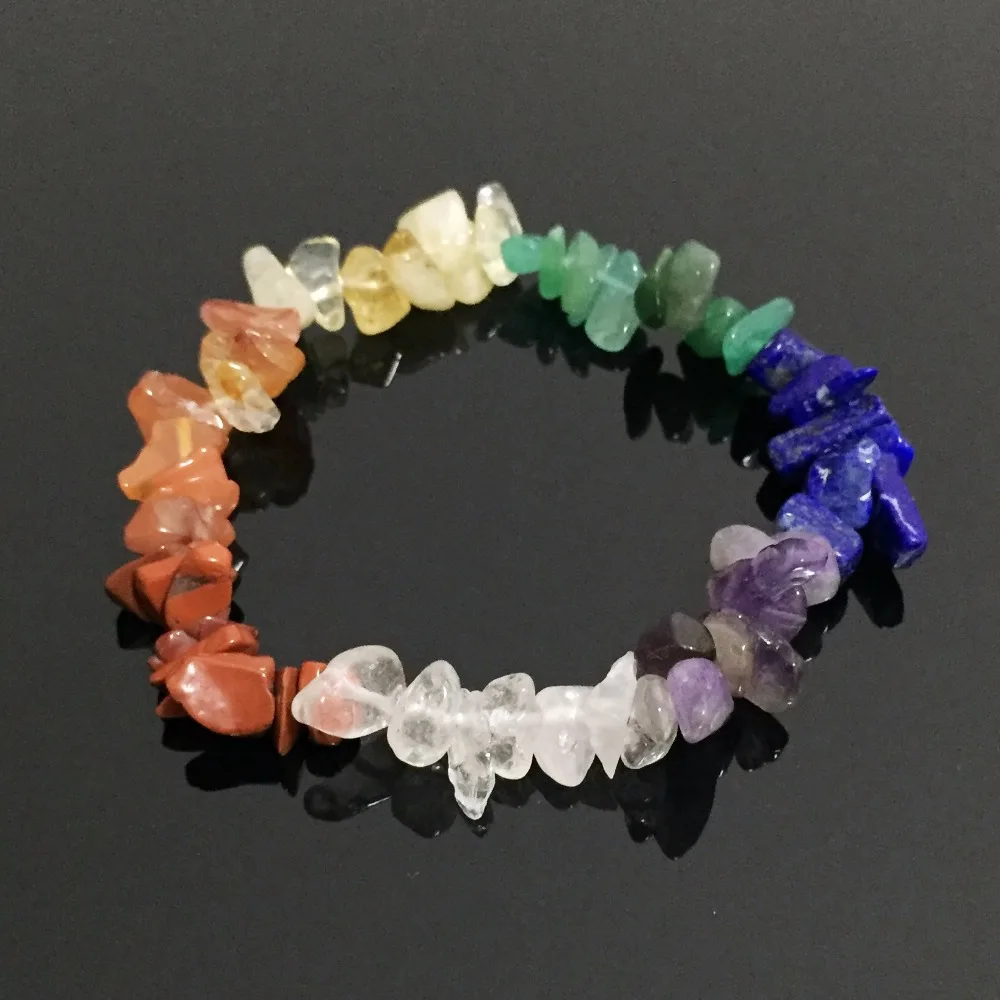 7 차크라 Reiki 여성 팔찌 자수정 Ctrines 치유 균형 자연 칩 스톤 비즈 명상 레인보우 석영 팔찌strand