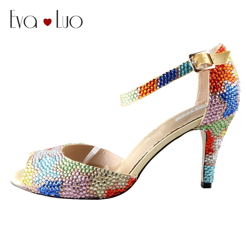 Chs404 Custom Made Mixed Color Ankle Strap High Heels Crystal Dress ...