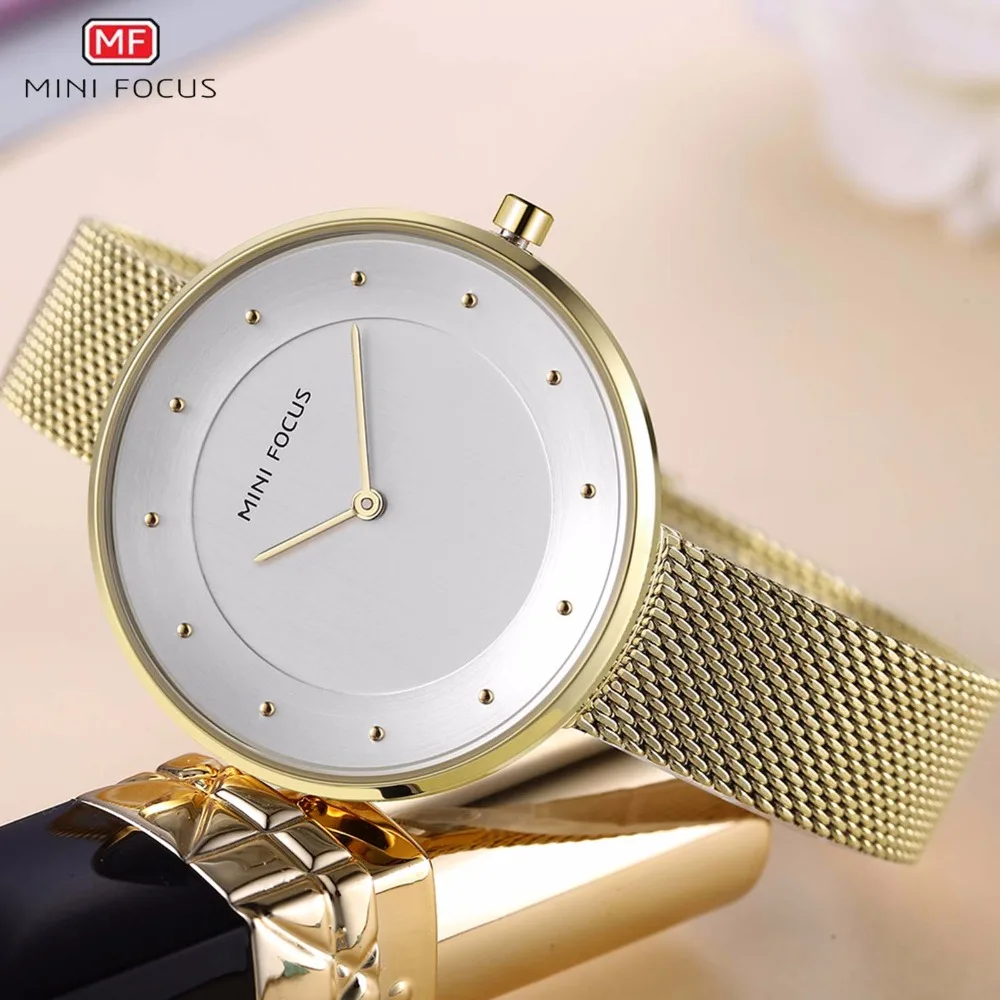 MINIFOCUS Big Dial Gold Ladies Watch Women Stainless Steel Mesh Band ...