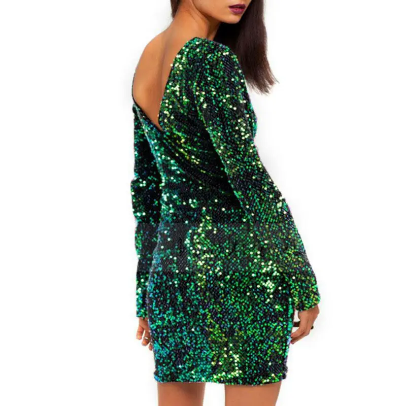 Women Luxury Green Sequin Dress Sexy Backless Mini Autumn Dress Shiny Casual Party Dresses Wi458