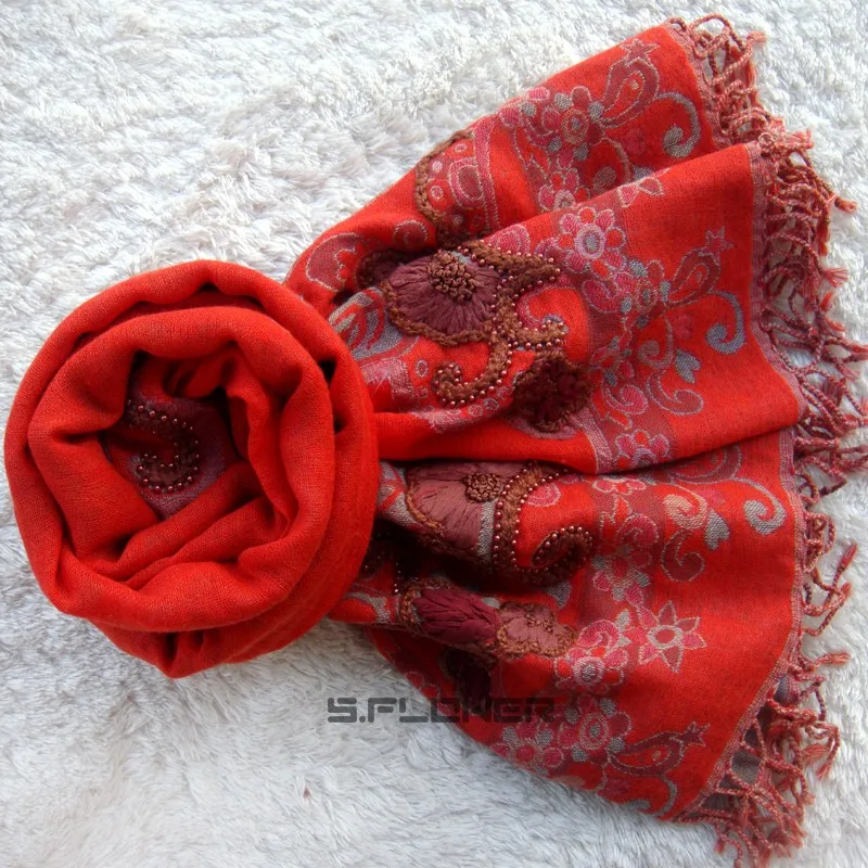 Quality handmade wool scarf cape exquisite embroidery vega wire red ...