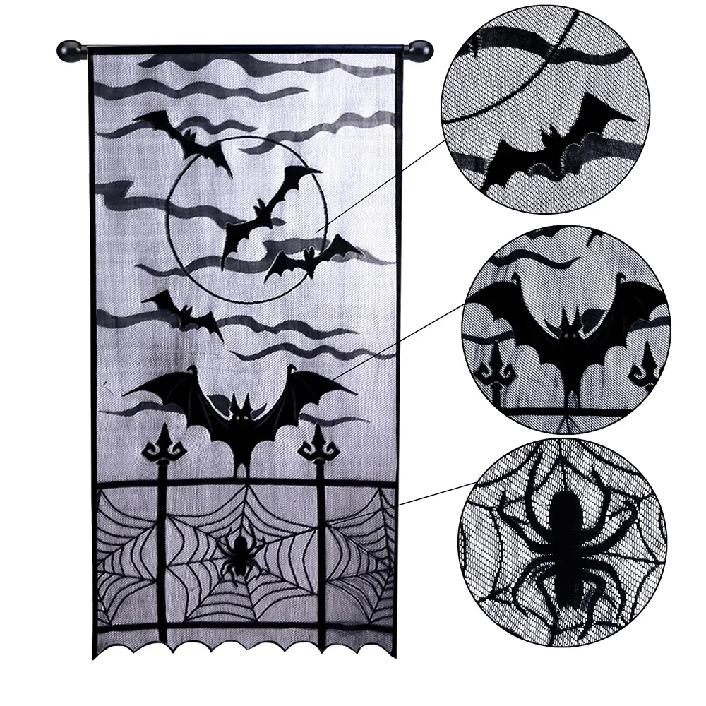 1pc 할로윈 박쥐 레이스 창 커튼 세트 블랙 스파이더 웹 박쥐 문 커튼 패널 장식 할로윈 파티 문 창 장식window
