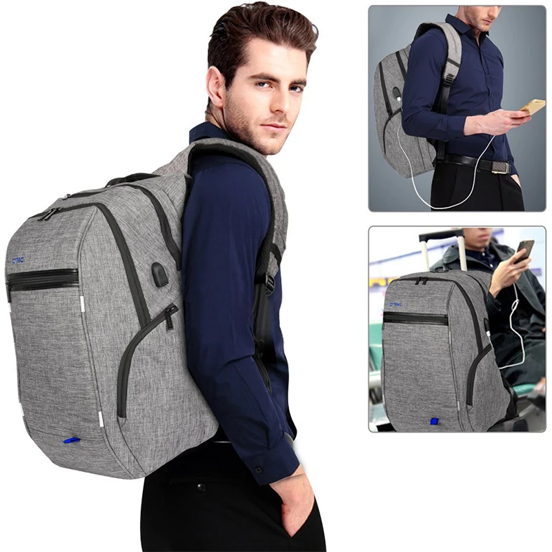 USB Smart Laptop Slim Backpack 15" 17" Black Gray Classic Back Pack ...