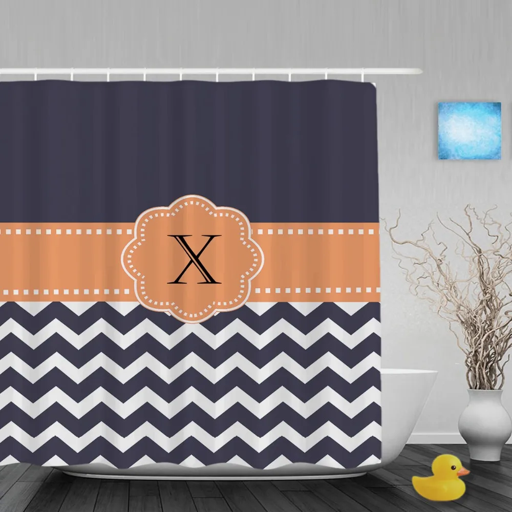 Customized Navy Coral Striped Shower Curtain Art Monogram X Printed