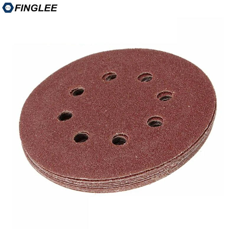 FINGLEE 10pcs 5inch 125mm Aluminium Oxide Sanding paper with 8 hole ...