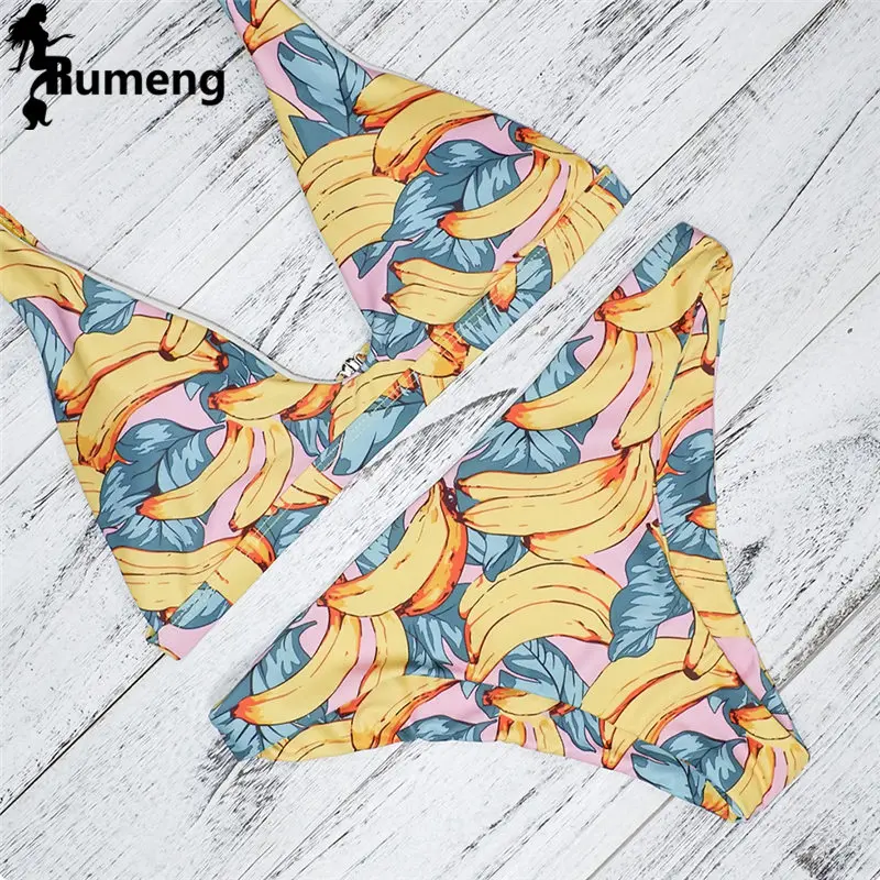 Rumeng Bikini Swimwear Women Low Cut Banana Print Bikini Tropical Style
