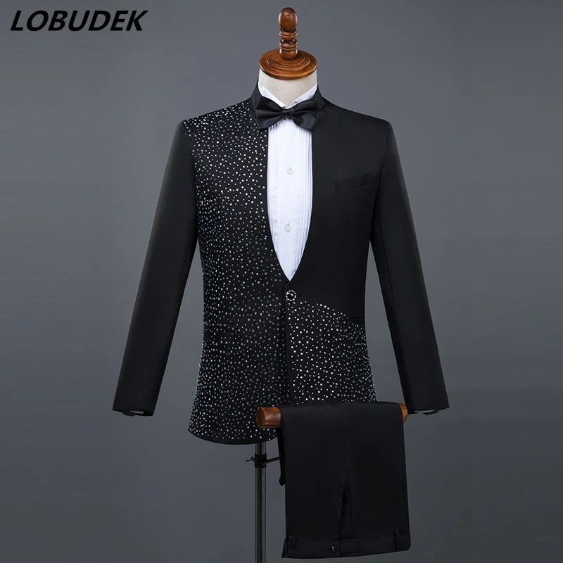 (jacket+pants) Formal Male Suits Black White Shining Diamond Suit 2 ...