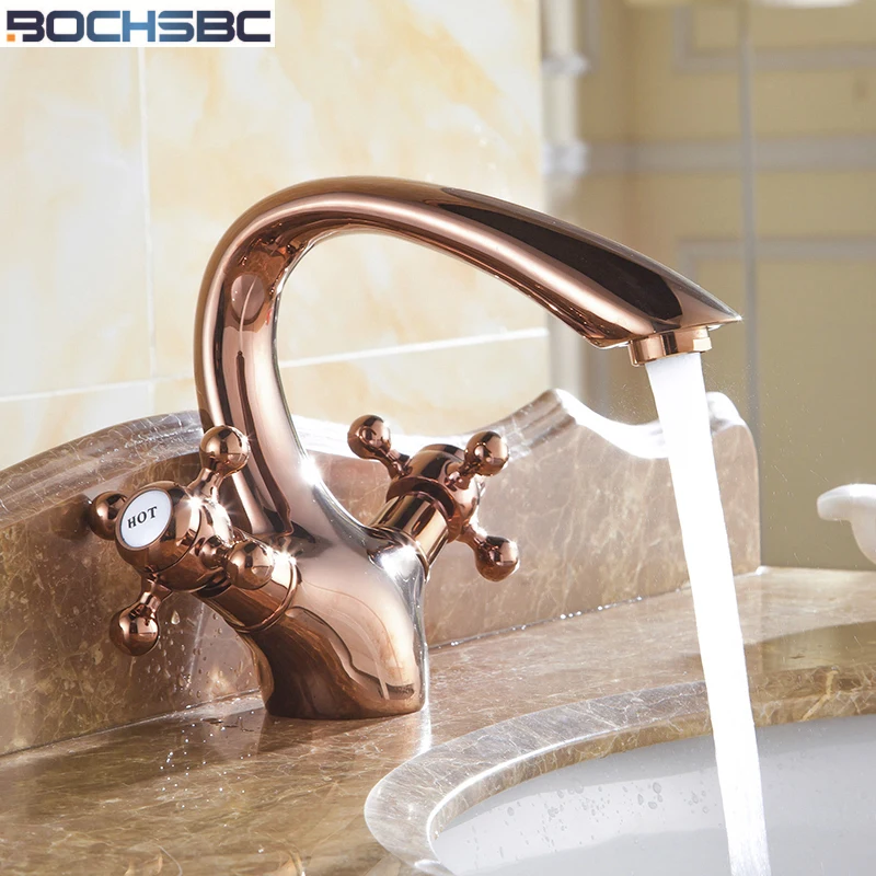 Bochsbc Rose Gold Finish Brass Mixer Tap Bathroom Basin Faucet Dual ...