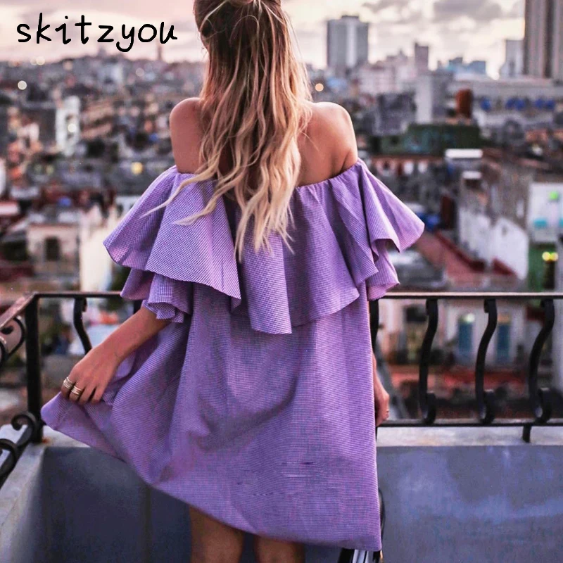 Skitzyou 2017 Summer Women Sexy Slash Neck Off Shoulder Plaid Casual