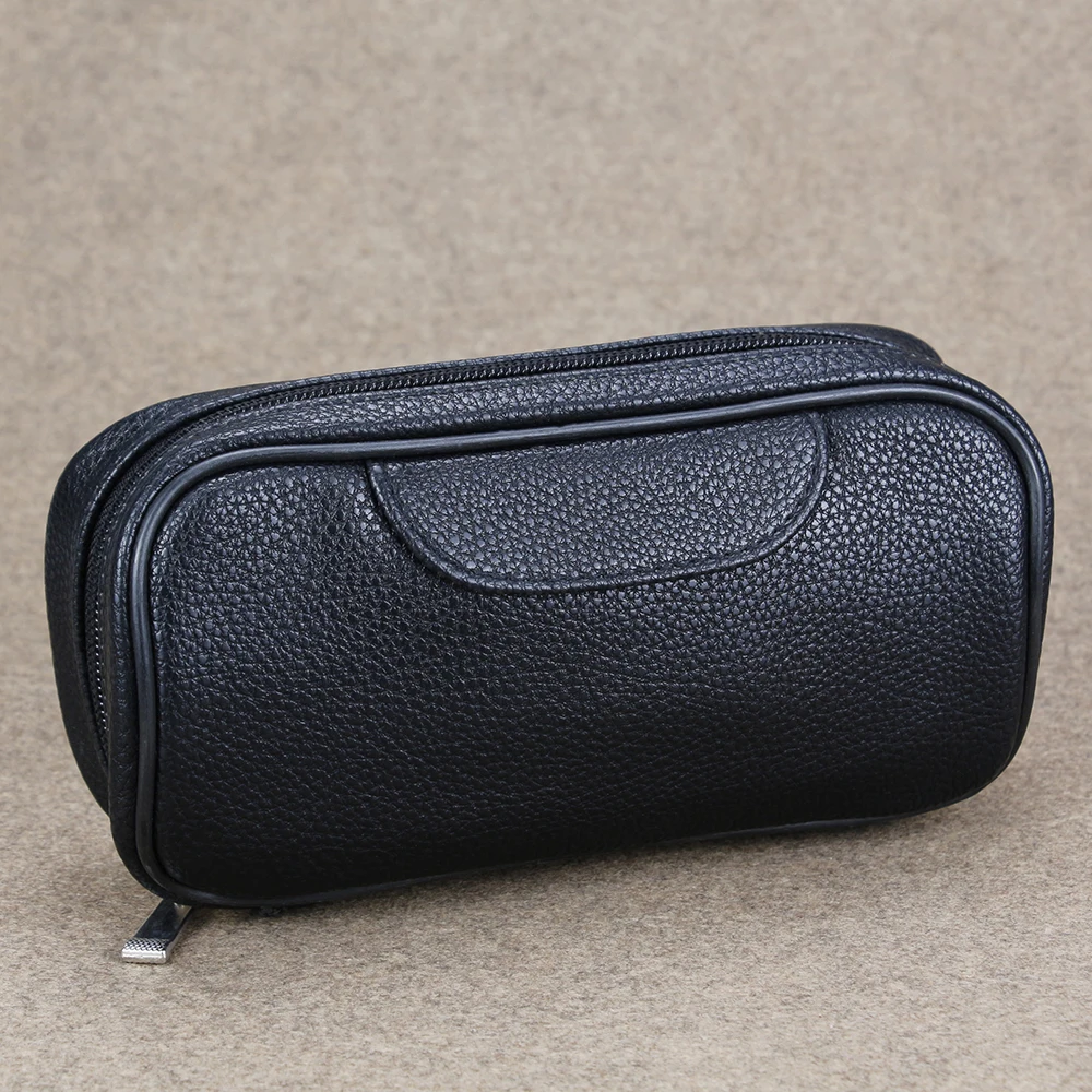 Classic Zipper Smoking Bag Black Lichee Pattern Leather Bag for 2 Pipes ...