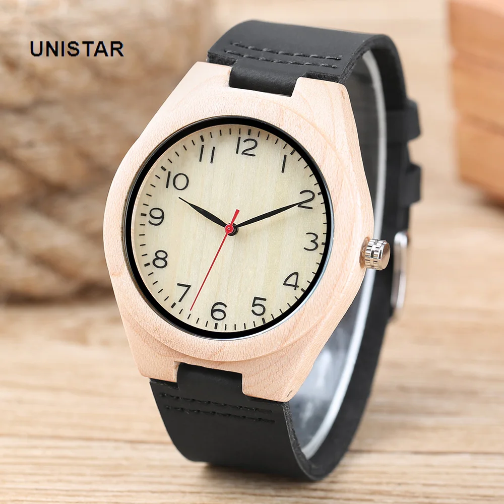 UNISTAR moda natural madera Relojes de cuarzo con esfera Rosa Cuero ...