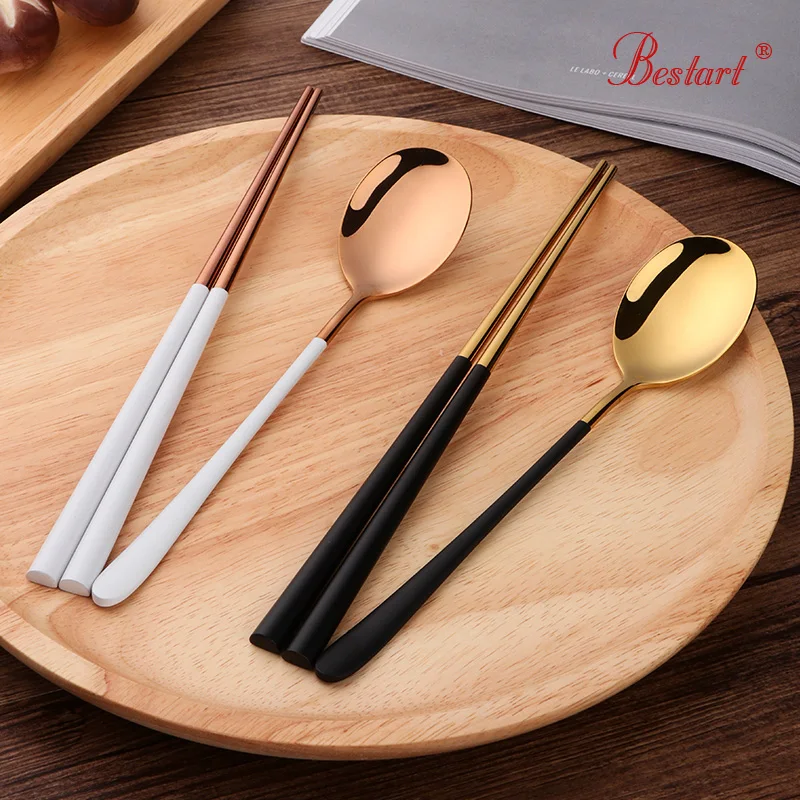 304 Stainless Steel Silver Sushi Chopsticks Spoon Set Korean Reusable ...