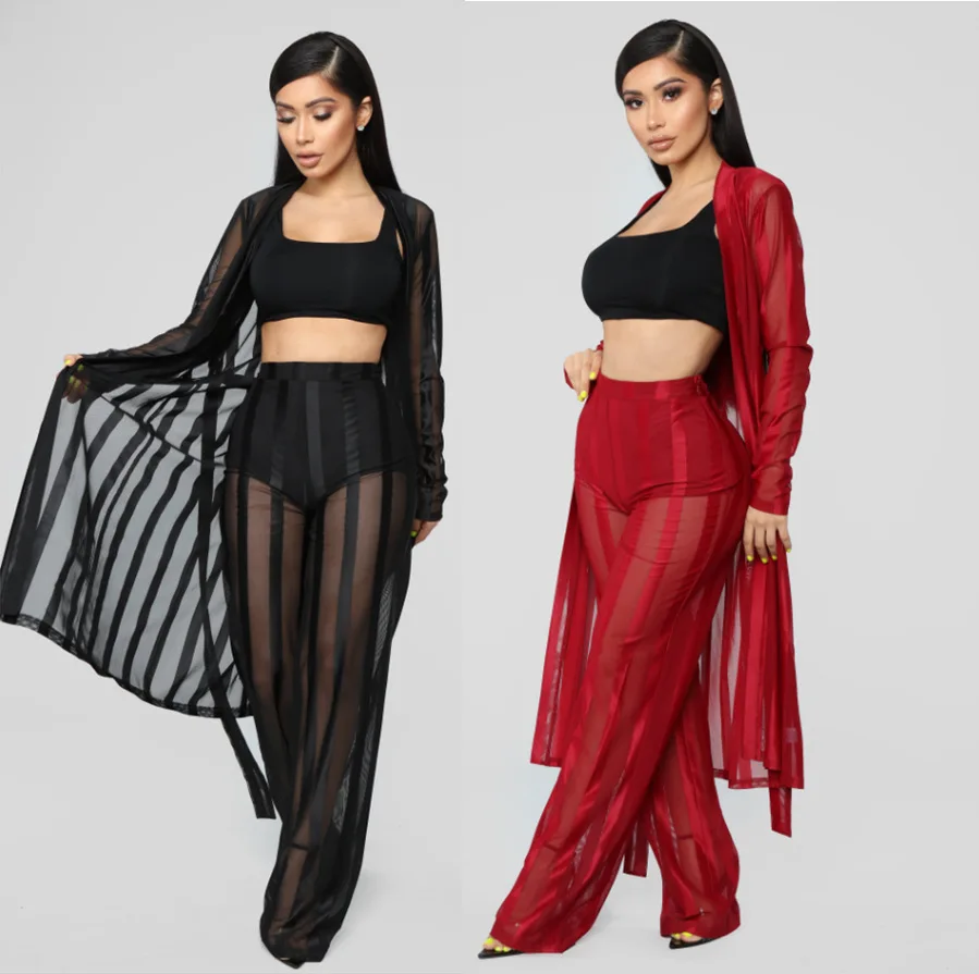 Sexy Striped Sheer Mesh Two Piece Sets Outfits Women Long Sleeve