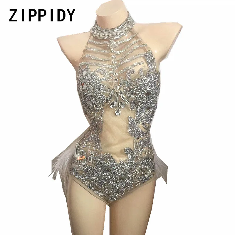 Glisten Silver Rhinestones Mesh Bodysuit Womens Dance Party Wear