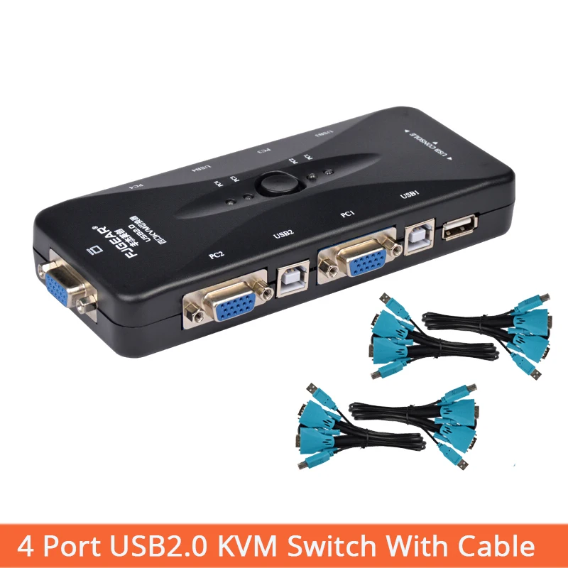4-Port-KVM-USB-Hub-Switch-Box-Black-Selector-Adattatore-con-4-pz-Cavo ...