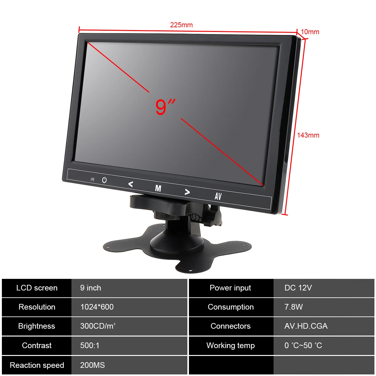 9 Inch 16:9 HD 1024*600 TFT LCD Color Car Rear View Monitor 2 Video ...