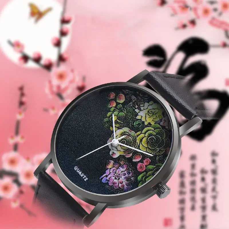 Flower Design Black Case Water Resistant Life Watch Women Wristwatch ...