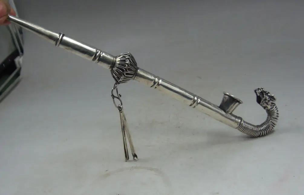Chinese Collectible Handwork Old Tibetan Silver Dragon Smoking Tool ...