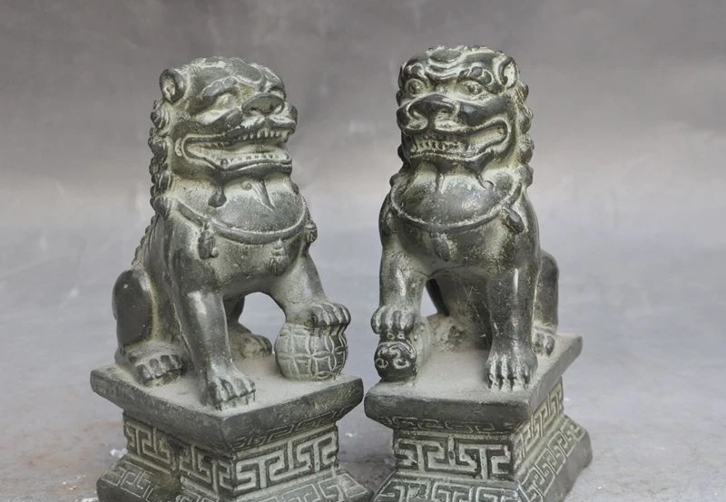 6"old china bronze fengshui Foo fu dog lion beast Evil Guardian Door ...