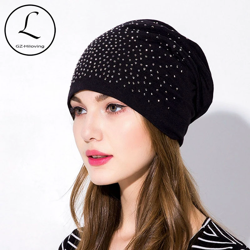 Rhinestone Beanies Women Spring Glitter Knitted Winter Cap Solid Color ...