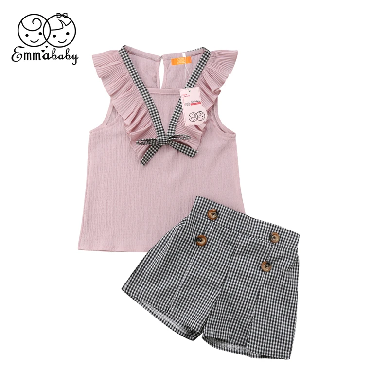 2018 Stylish Girl Clothes Set Kids Summer Sleeveless Ruffles Bow Tops T ...