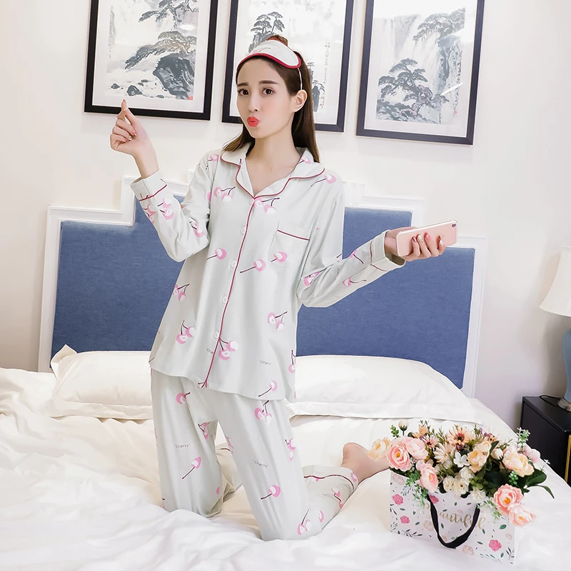 Cotton Spring Winter Women Pajama Sets Long Sleeve Printing Cute