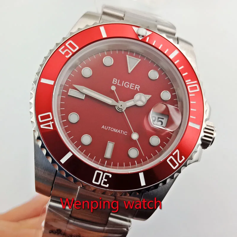 40mm Mechanical Montres De Poignet Red Dial Red Bezel Bliger Magnifying ...
