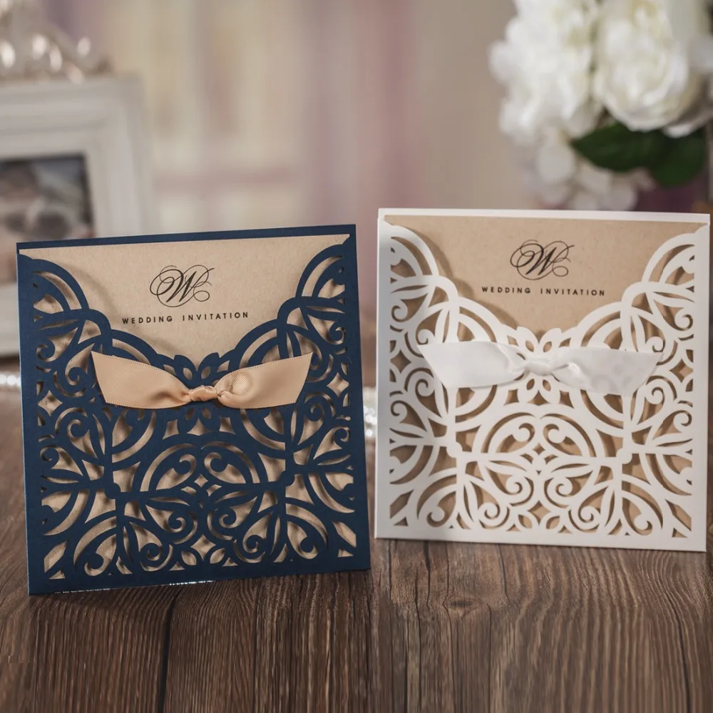 50PCS Laser Cut Wedding Invitations Kits With Bowknot Paper Cardstock 