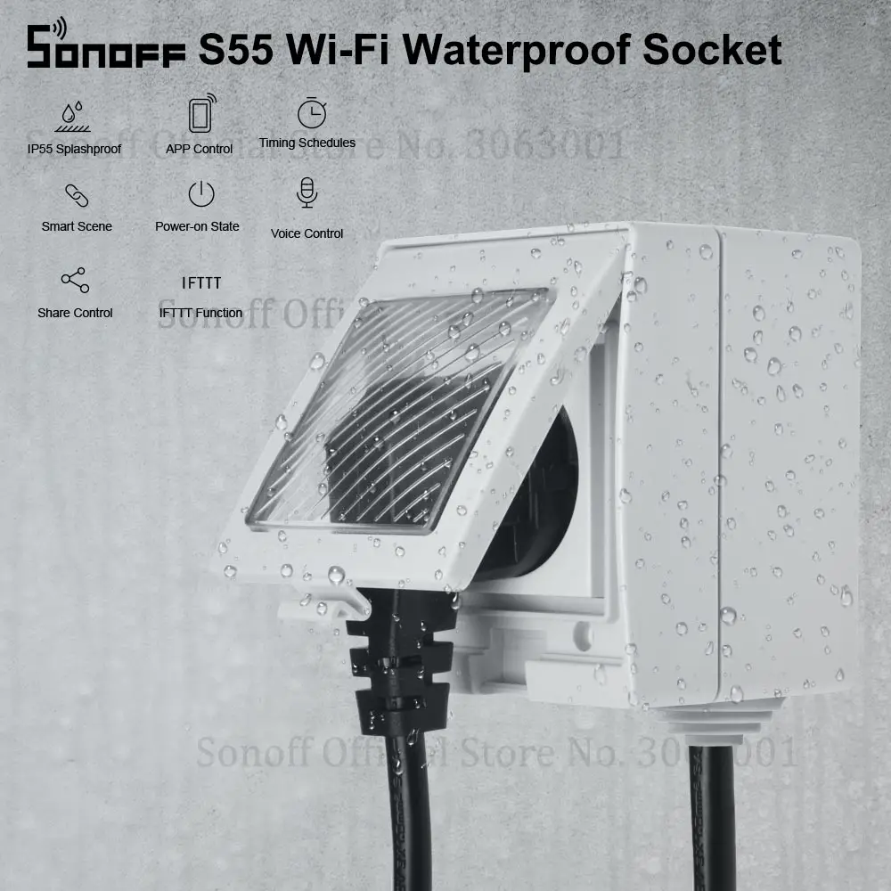 SONOFF S55 Waterproof IP55 Wifi Smart Power Socket, Timer Outdoor AU/EU/UK/US/ZA Plugs APP/Vocie ...