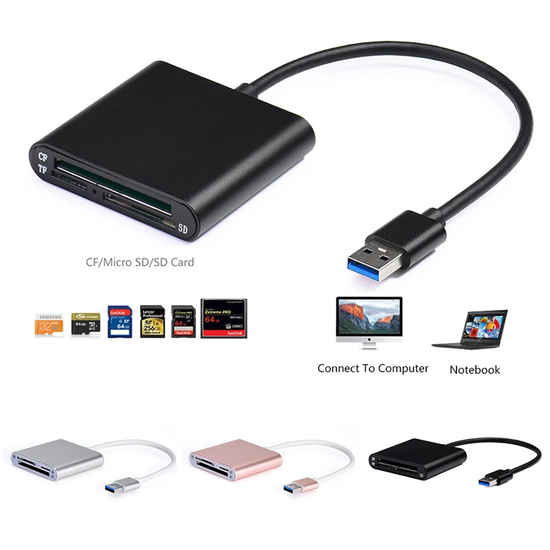 Memory Card Reader For PC Laptop Aluminium Alloy 3 in 1 USB 3.0 CF SD ...