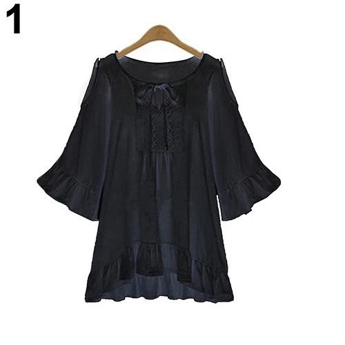 여성 플러스 크기 느슨한 Flare 소매 프릴 밑단 캐주얼 오프 숄더 블라우스 최고blouses Plusblouse