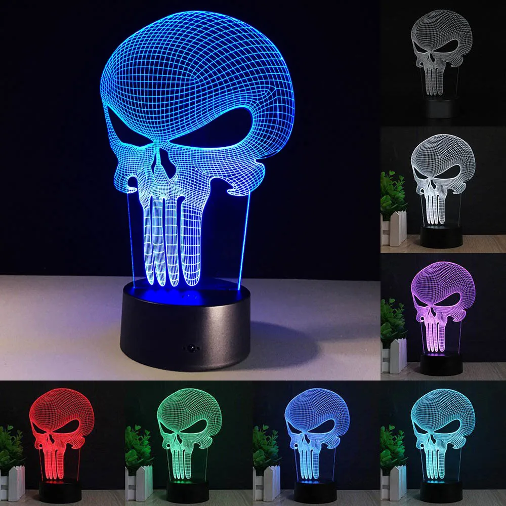 Skull 3D Illusion Acrylic LED Night Light 7 Color Touch Table Desk Lamp ...