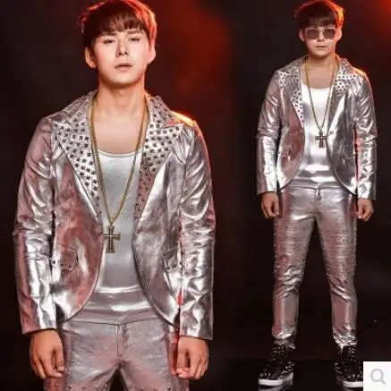 S 5XL HOT New Men's clothing singer DS DJ silver rivet motorcycle ...