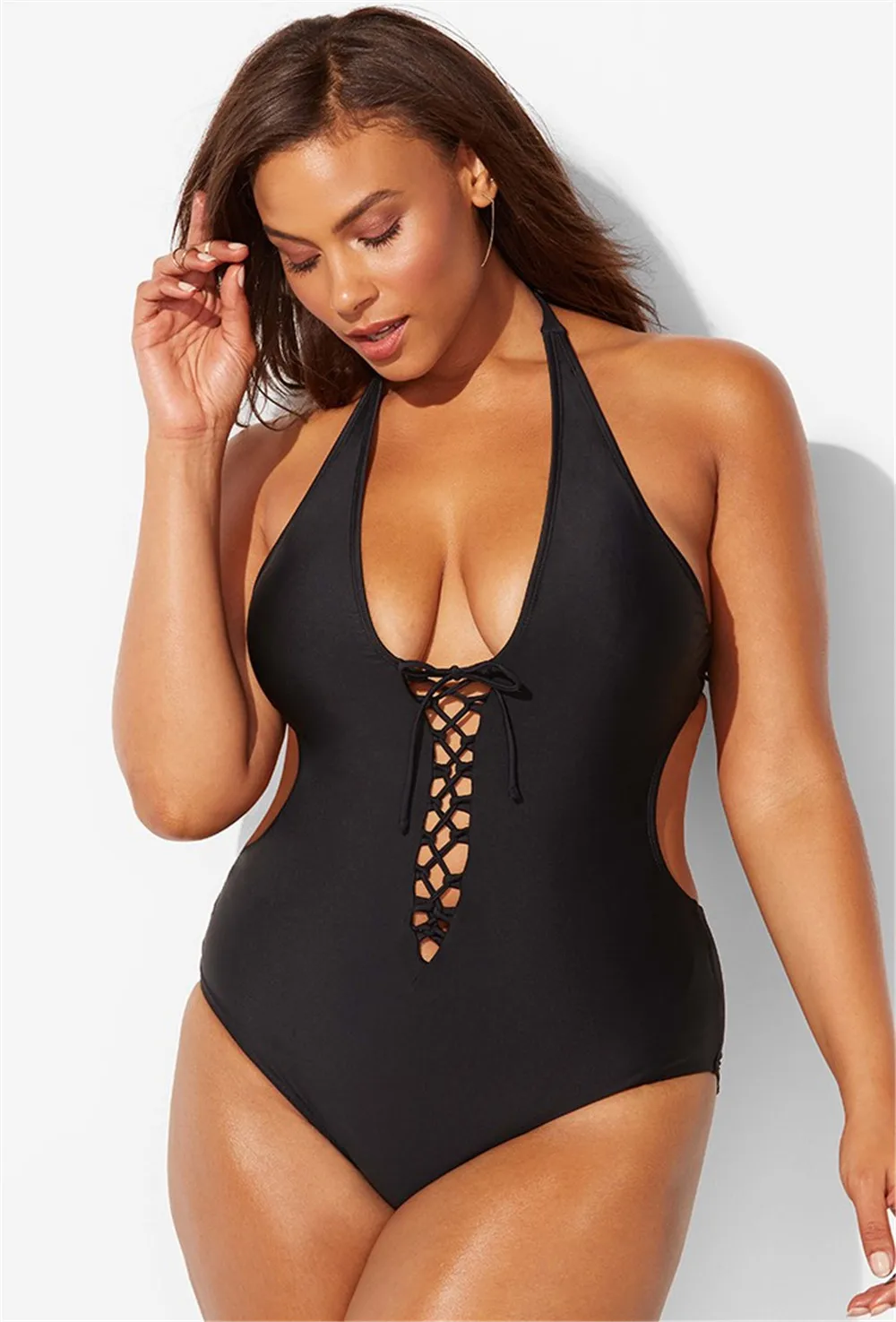 2018 Plus Size 5xl Women Swimwear Push Up Bandage Swimsuit Black Cut