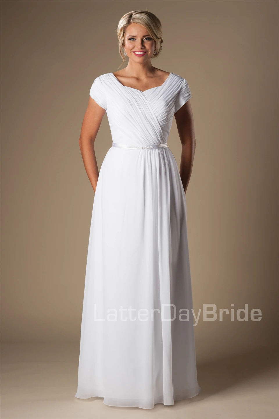 Informal Modest Wedding Dresses With Cap Sleeves Pleats Chiffon ...