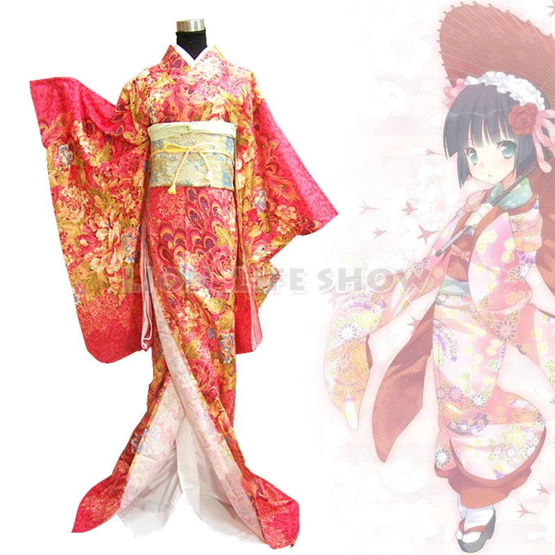 Japanese Traditional Women Geisha Red Floral Furisode Kimono Cosplay ...