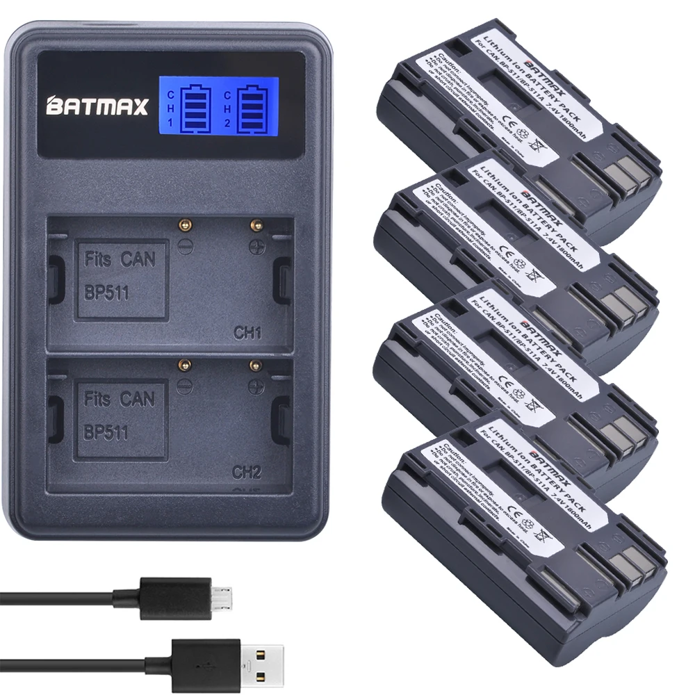 4Pcs BP 511A BP 511A BP511A BP 511 Batteries+LCD Dual USB Charger for ...