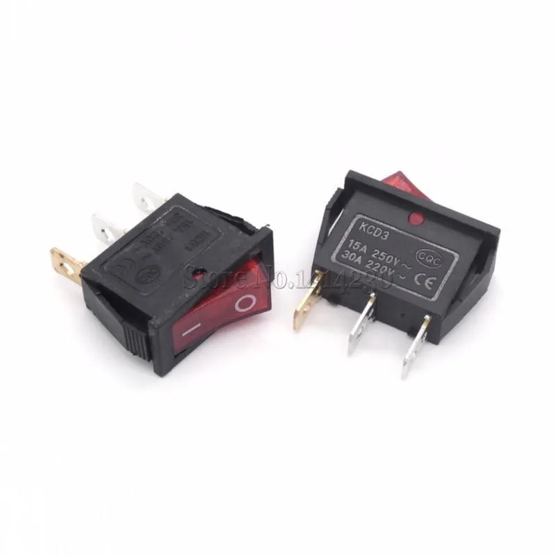 10pcs Rocker Switch 15a 250v 30a 220vac 3pin With Red Light Kcd3-102/n ...