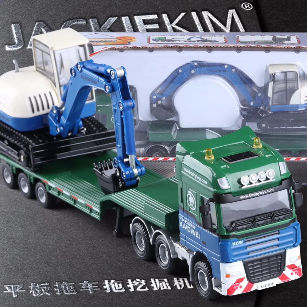 2 Pcs/Set 1:55 Flatbed Trailers Truck with Bulldozer Alloy Metal Model ...