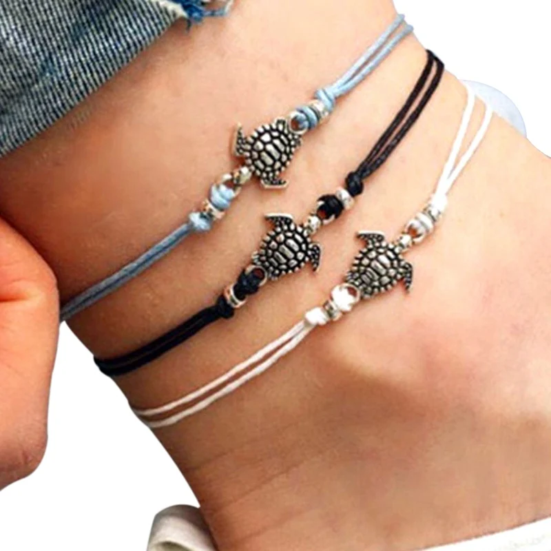 3Pcs Summer Beach Turtle Shaped Charm Rope String Anklets For Women ...