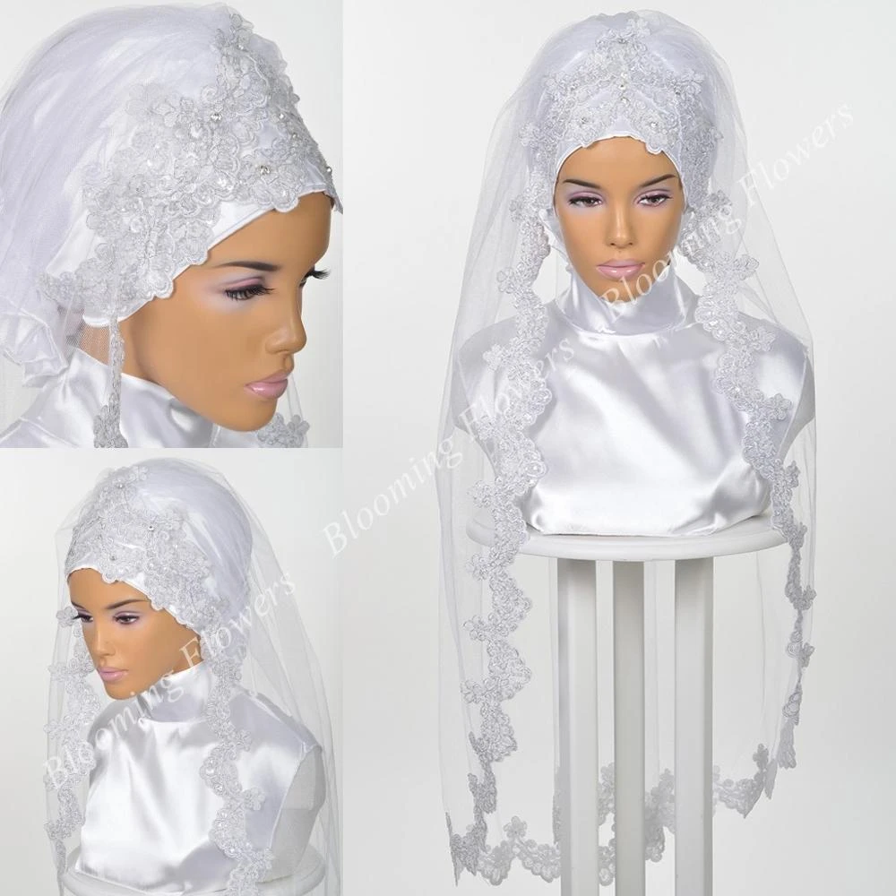 Muslim Wedding Bridal Hijab 2019 Lace Voile Khimar Islamic Nikkah Voile ...