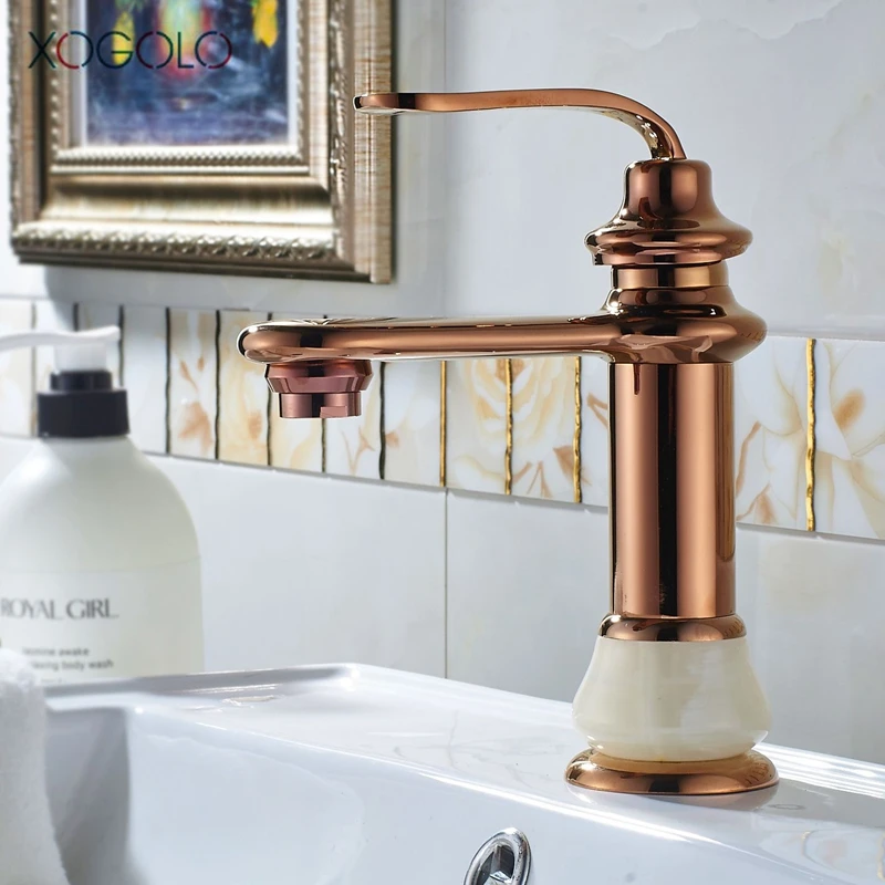 Xogolo Luxury Rose Gold Jade Mosaic Bathroom Faucet Modern Style Deck
