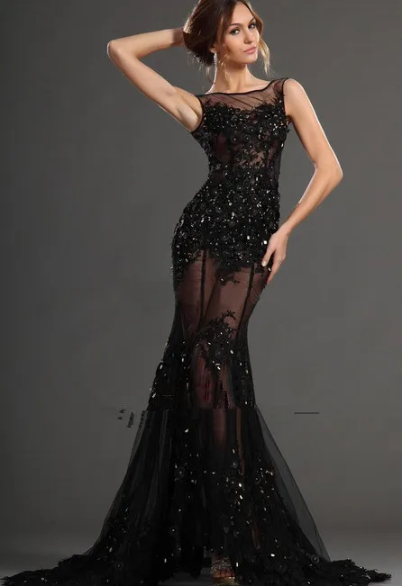 Sexy Black See Through Sheer Appliques Beading Evening Dresses 2015 New ...