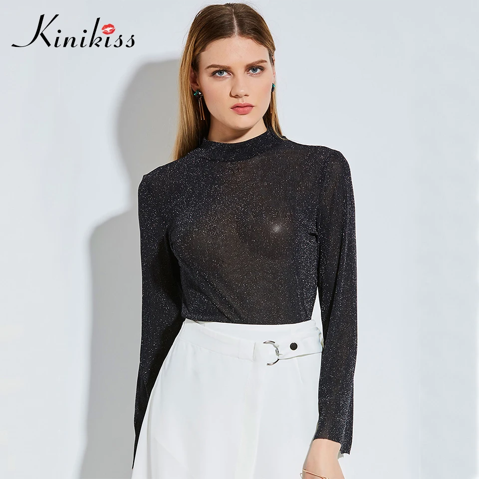Kinikiss See Through Tops Women Sexy Shirt Stand Collar Long Sleeve Fall Spring Shining Party