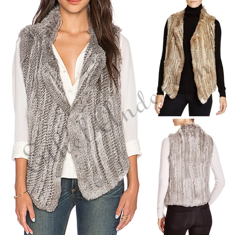 Womens coelho pele gilet colete inverno malha pele de coelho colete turn down collar moda casaco ...