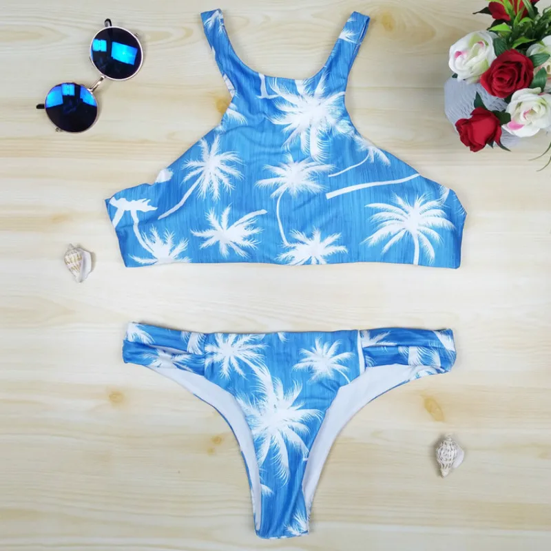 Women Two Pieces Swimsuit High Neck Topandlow Waist Bottom Bikini Set