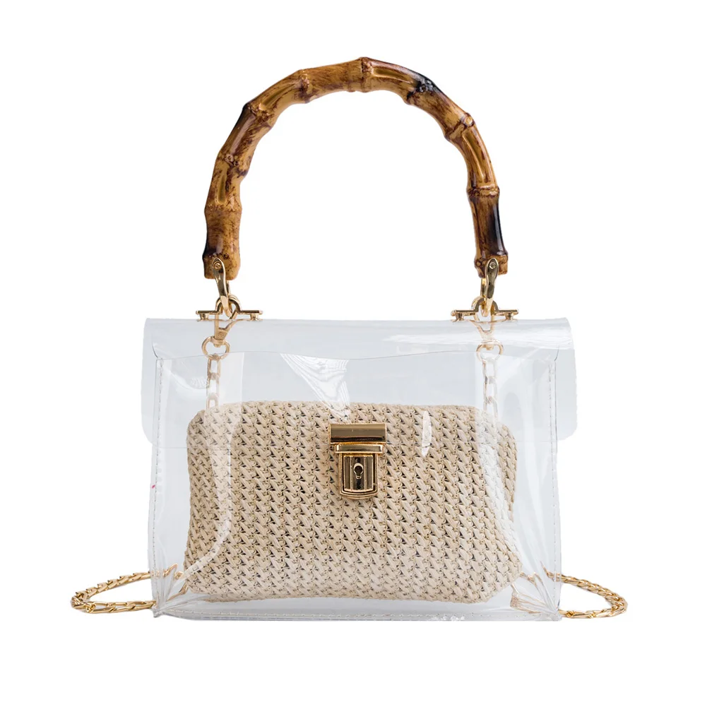 Women's Summer PVC Handbag Jelly Bag+Small Straw Beach Bag Chain ...