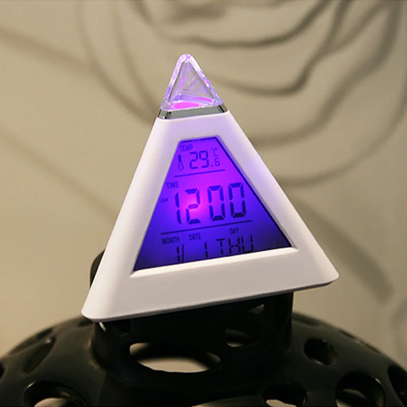 LED Digital Clock Pyramid Shape Change Color Temperature Date Time ...